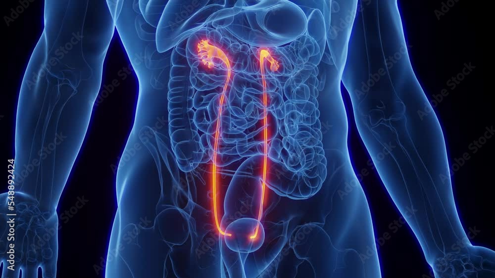 3d rendered medical animation of the ureters of an adult male. Stock ...