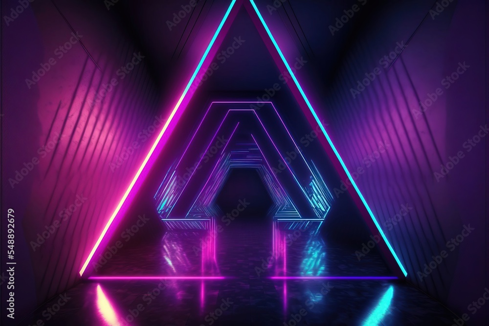 Sci Fi Futuristic Neon Glowing Purple Blue Pink Triangle Shaped Tilted ...