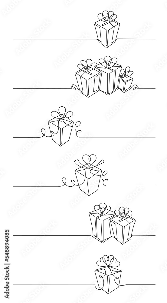 Gift boxes. Continuous line art drawing vector illustration. Set of ...