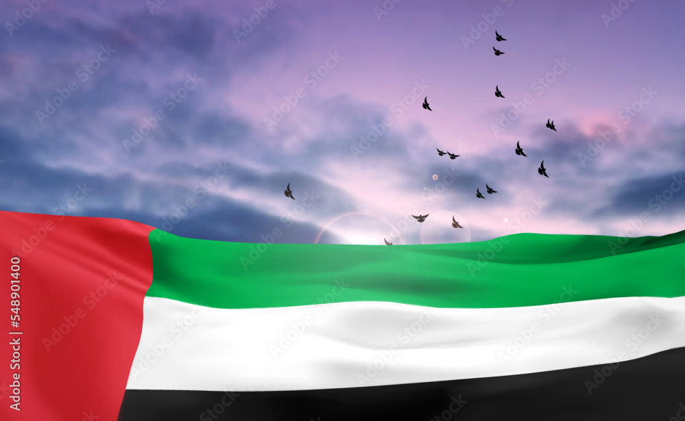 UAE flag on background of cloudy sunset or sunrise. Background for ...