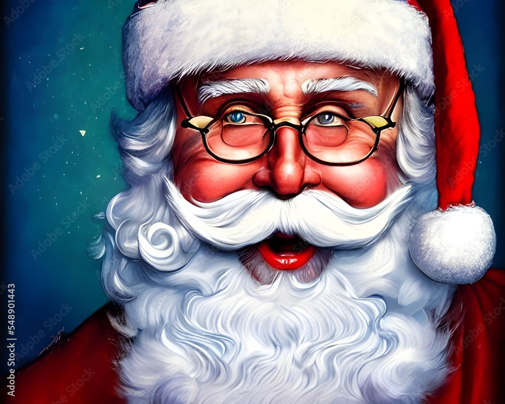 The portrait of Santa Claus is in a bright red frame. He has a long ...