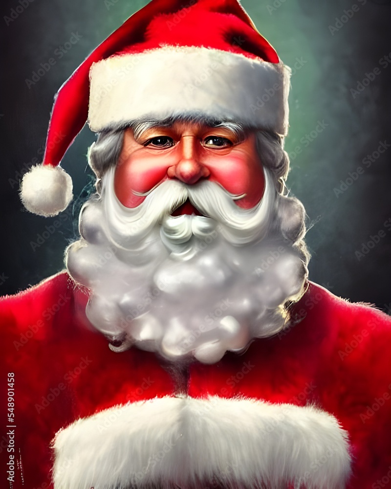 This is a portrait of Santa Claus. He has a big, red nose and a white ...