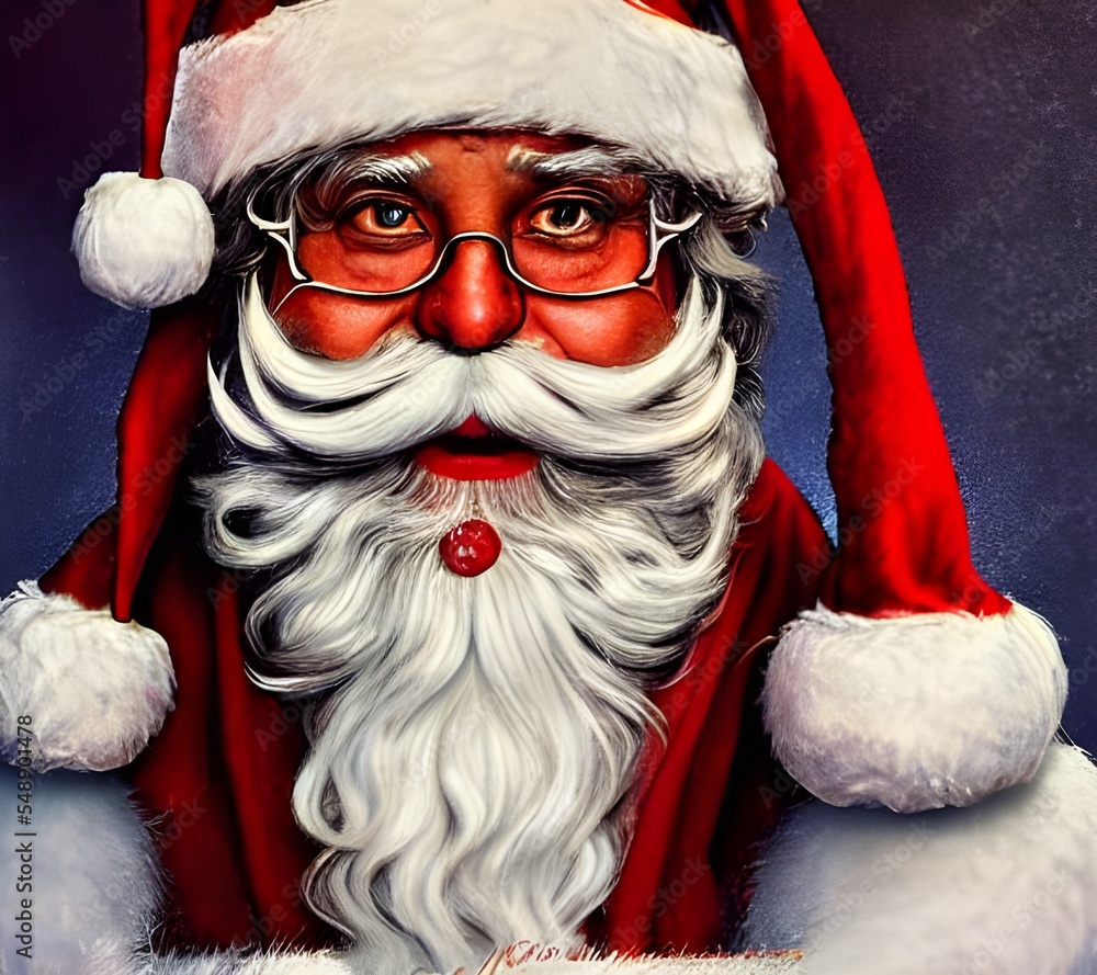 Santa Claus is looking at the camera with a big smile on his face. He ...
