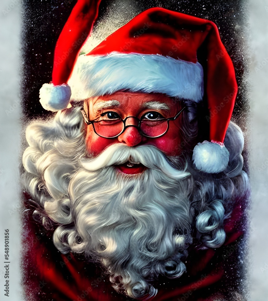 In this portrait, Santa Claus is depicted as a jolly old man with a ...