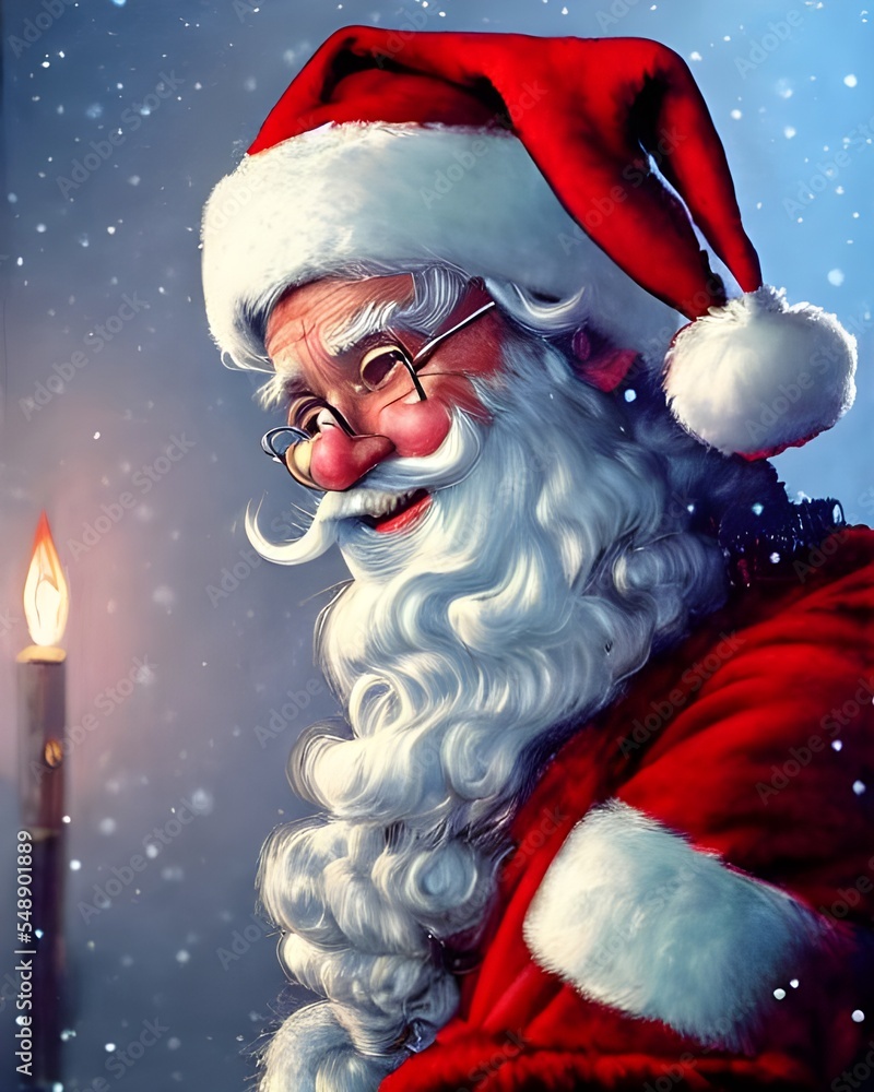 A plump, jolly man in a red suit smiles down at the viewer from beneath ...