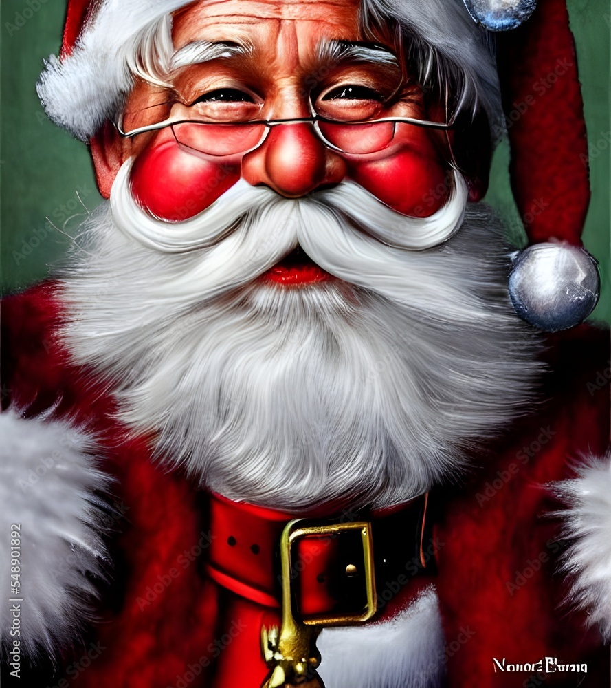 A Santa Claus portrait hangs on the wall. His face is jolly and his ...