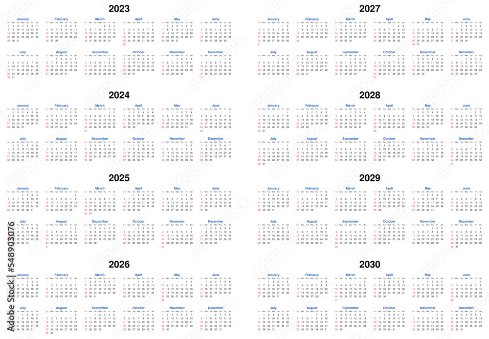 Eight year vector calendar 2023, 2024, 2025, 2026, 2027, 2028, 2029 and ...