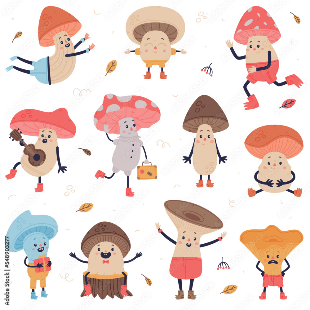 Funny Mushroom Characters with Cap and Stem Having Legs and Arms Vector ...