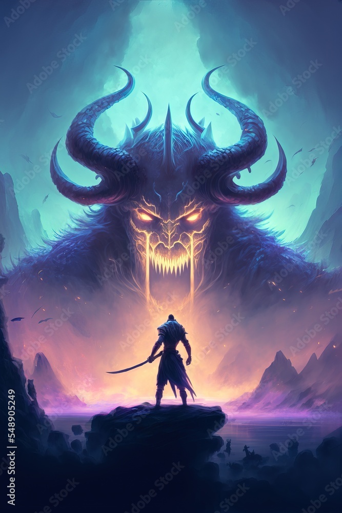 brave traveler battles with giant terrifying monsters. fantasy giant ...