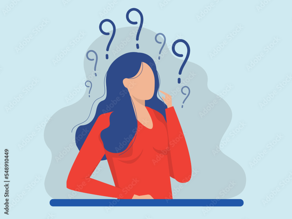 Woman Thinking with question mark, doubts, problems, thoughts, emotions ...