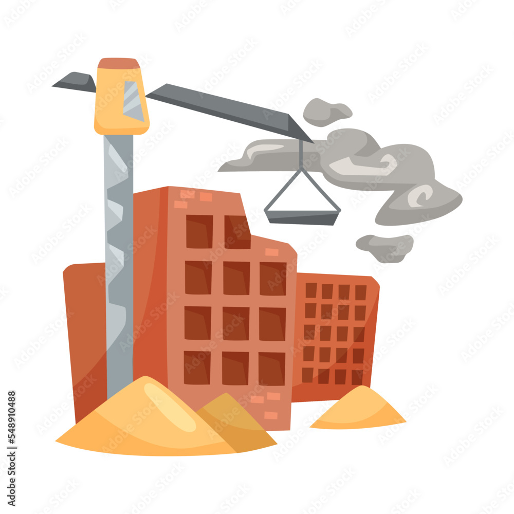 Construction cite with building and crane vector illustration. Source ...