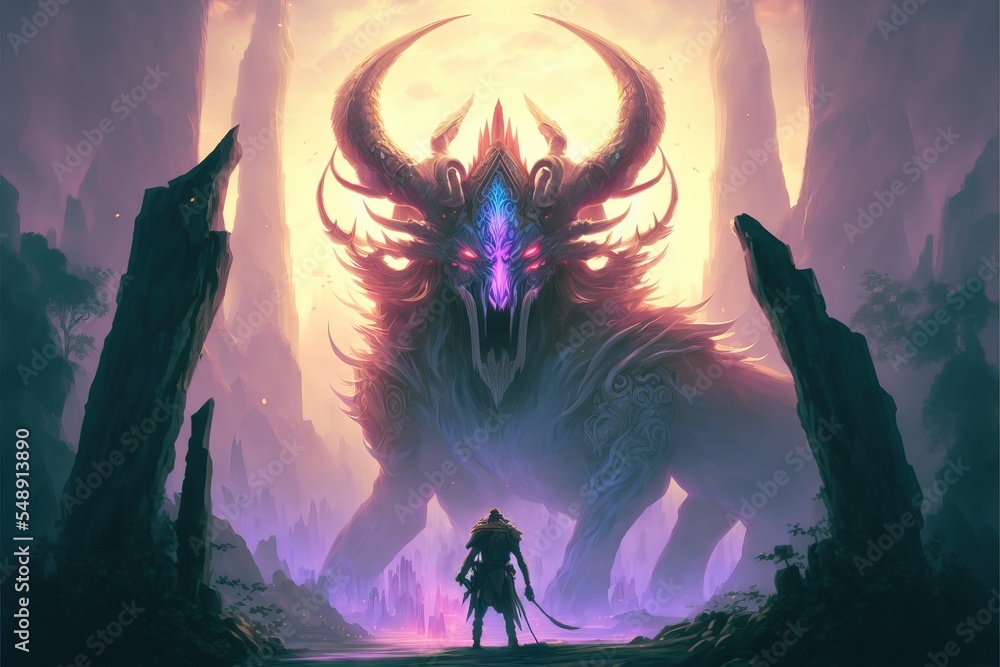 brave traveler battles with giant terrifying monsters. fantasy giant ...