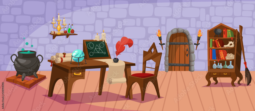 Magic cabinet vector illustration set. Cauldron with potion, witch hat ...