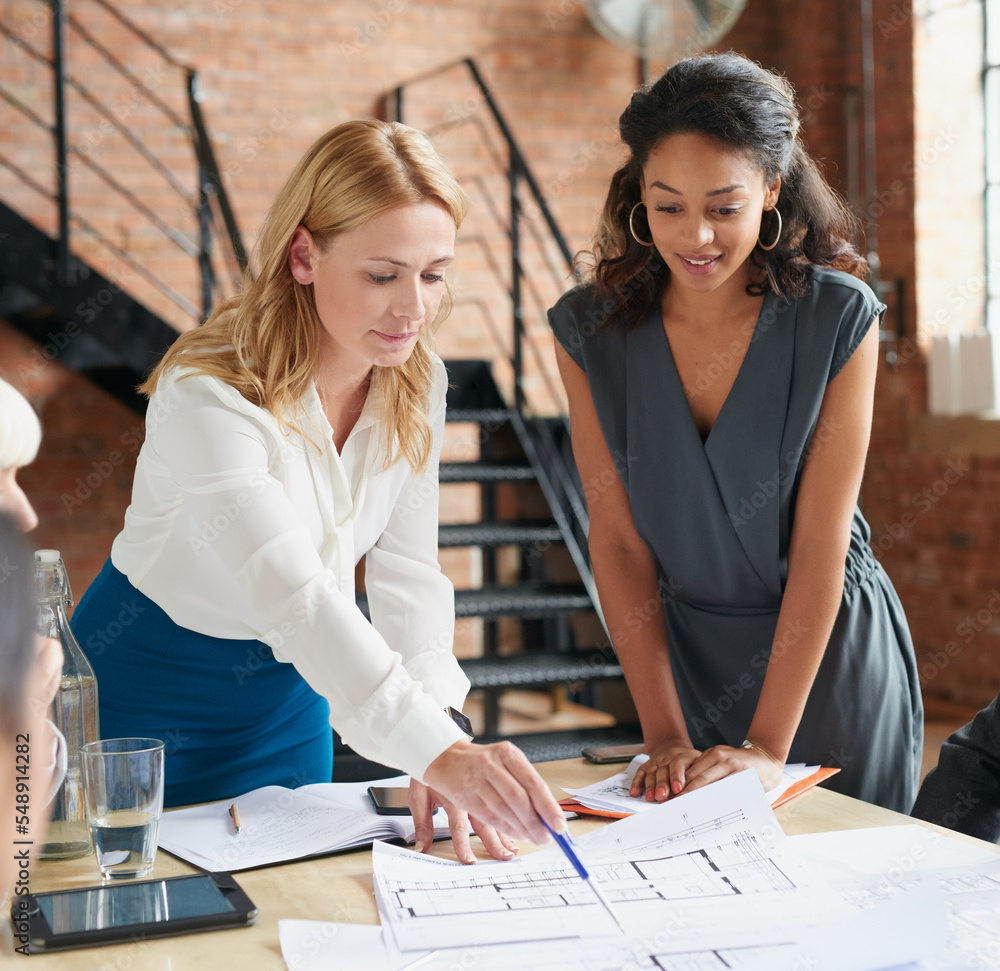 Blueprint, architecture and women in meeting planning an office ...