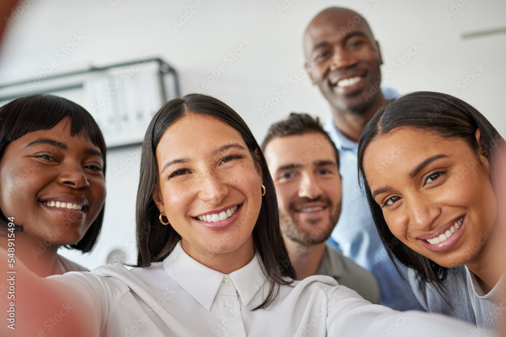 Selfie, office team and business people for company profile picture ...