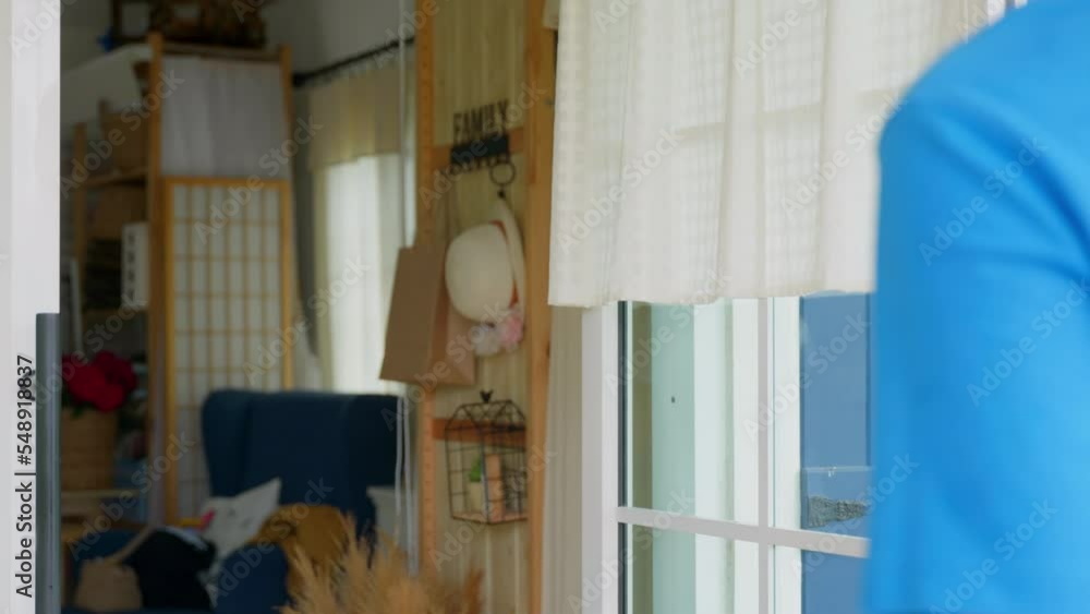 Delivery man give medicine drug store to patient female at front home ...