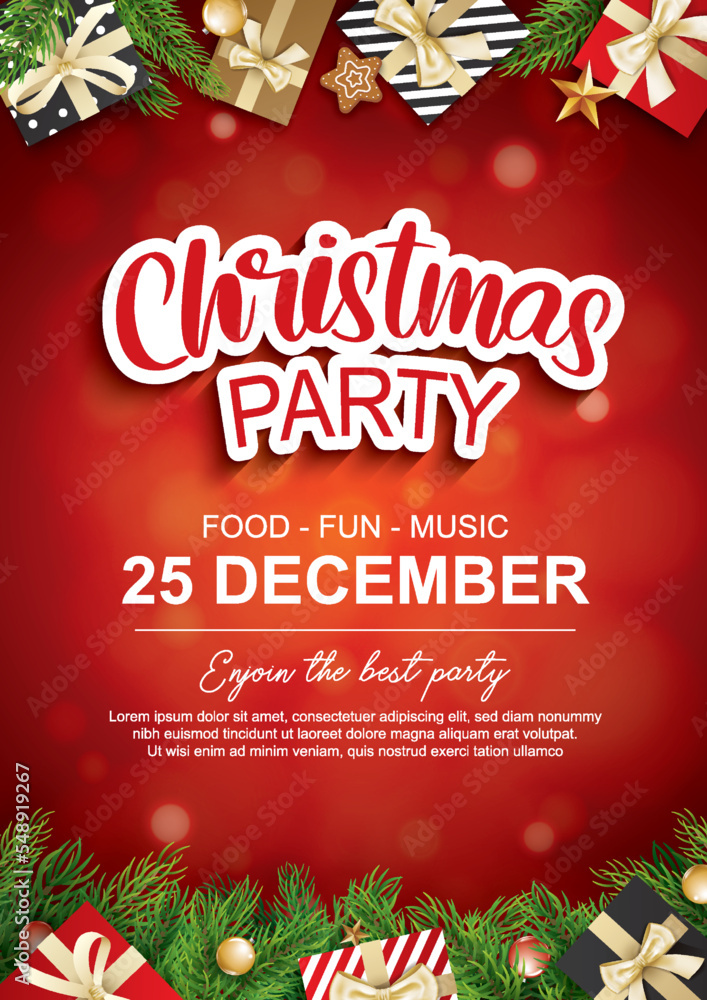 Merry christmas party with glass ball and giftbox for flyer brochure ...
