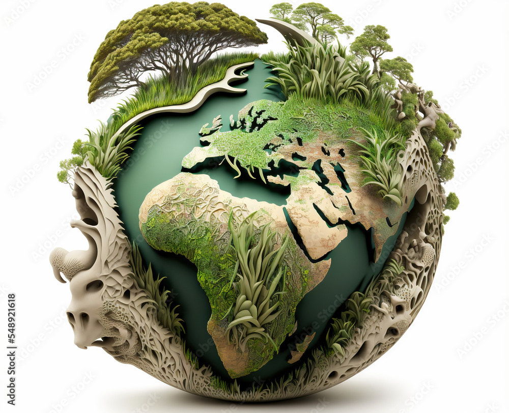 Abstract sculpture of planet Earth ecology and vegetation illustration ...