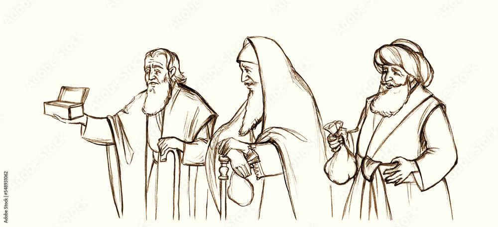 Pencil drawing. Wise men brought gifts to Jesus Stock Illustration ...