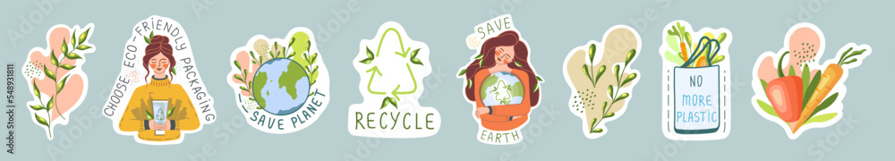 Ecological sticker pack. Environment protection, sustainability concept ...