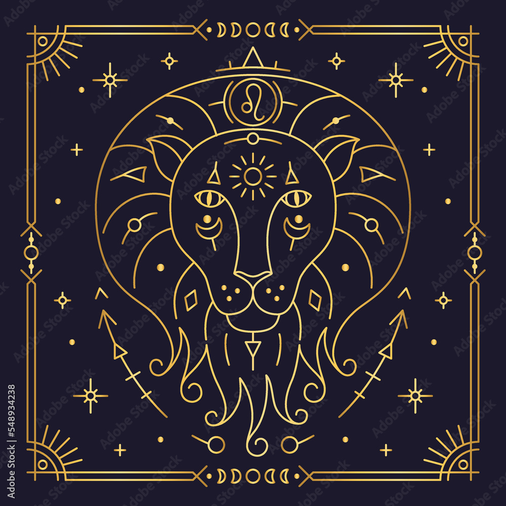 Lion zodiac astrological horoscope golden sign dark navy card. Stylized ...