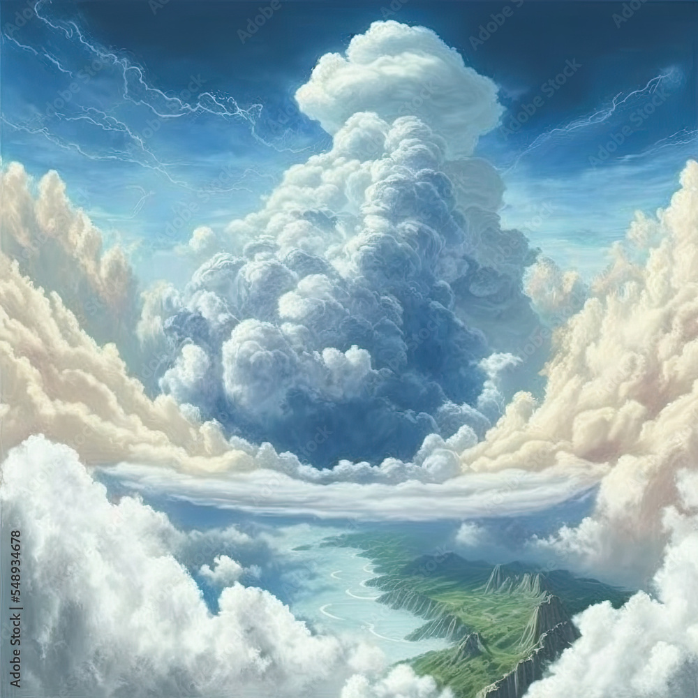 Blue Sky day with fancy cloud, Atmosphere. Beautiful Landscape above cloud Comic Stylish ...