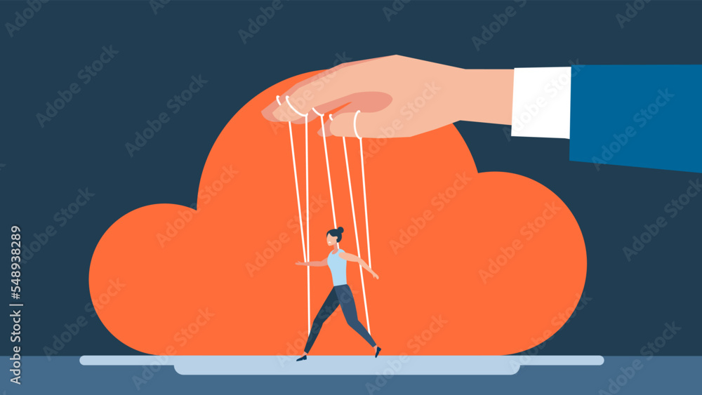 Woman is controlled by a puppet master. Business manipulator concept ...