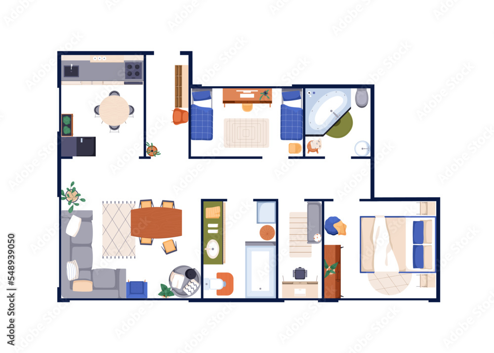 Apartment interior design, top view. Overhead floor plan with furnished ...