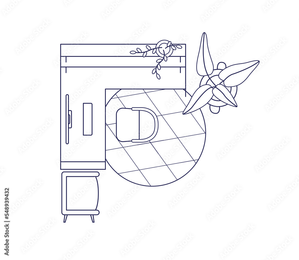 Workplace interior top view. Outlined office layout, overhead design ...