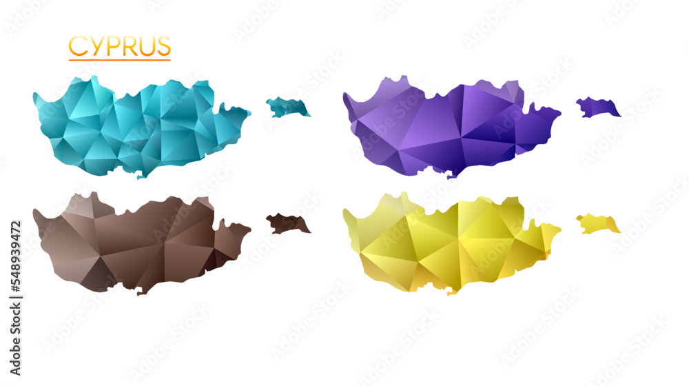 Set of vector polygonal maps of Cyprus. Bright gradient map of country ...