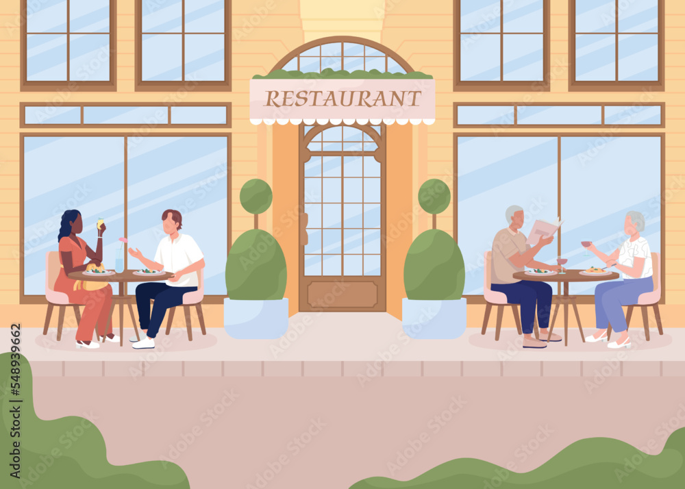 Having cozy dinner on restaurant terrace flat color vector illustration ...