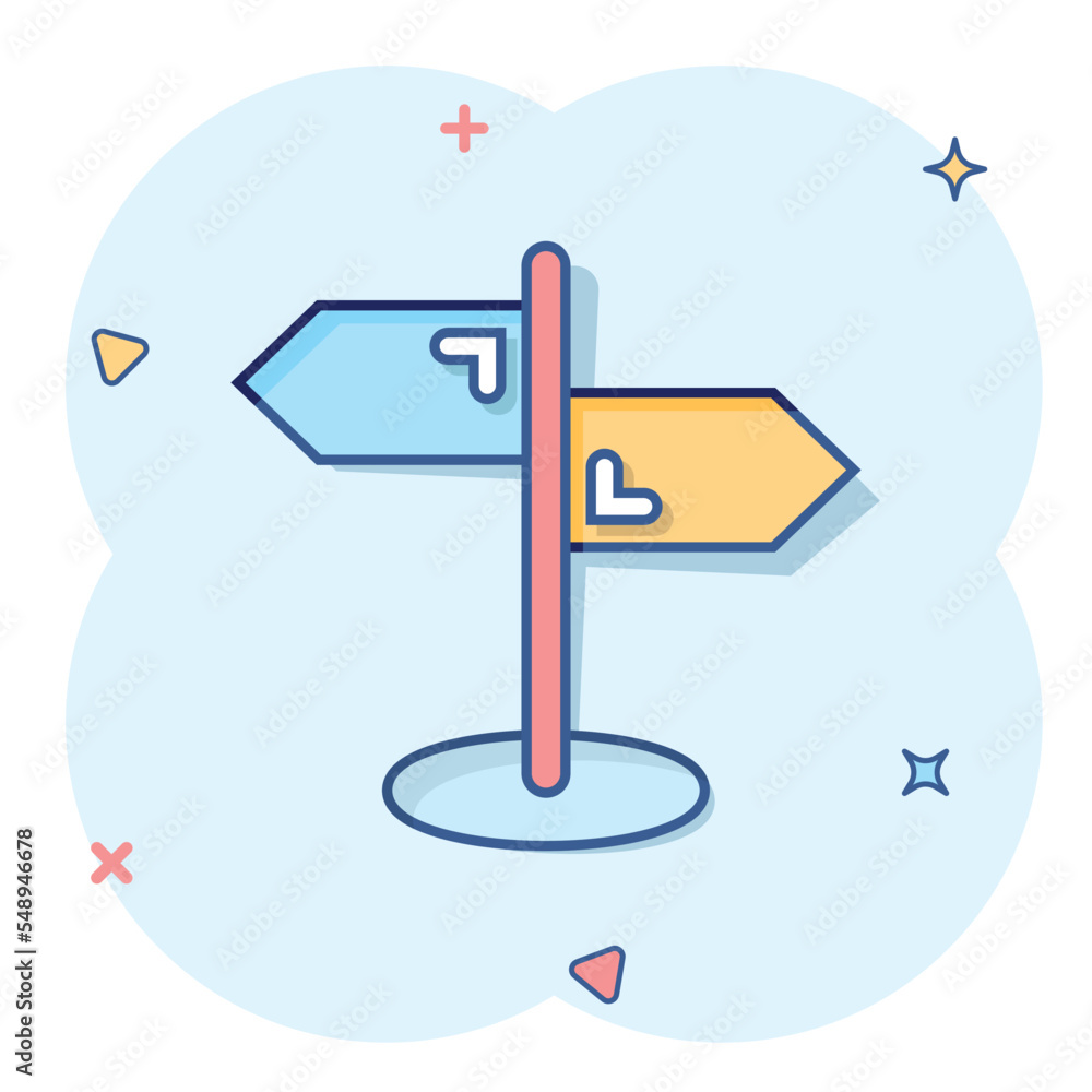 Crossroad signpost icon in comic style. Road direction cartoon vector ...