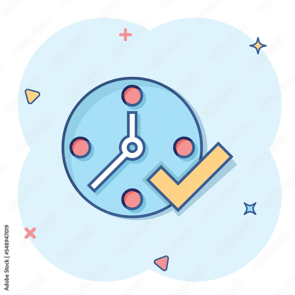 Clock check mark icon in comic style. Timer approval cartoon vector ...