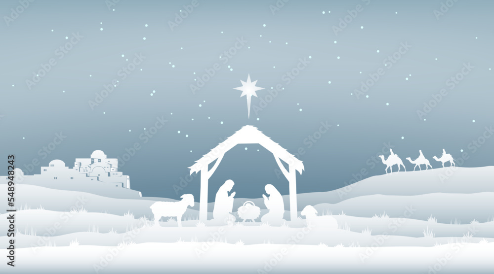 Poster Christmas christian nativity scene, illustration Birth of Christ ...