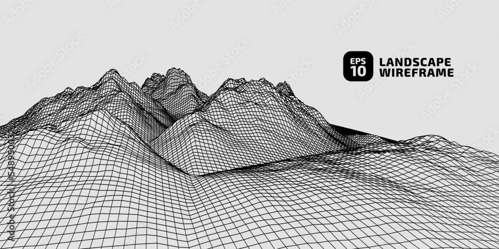 Abstract rocky hills in the ocean wireframe background. 3D grid ...