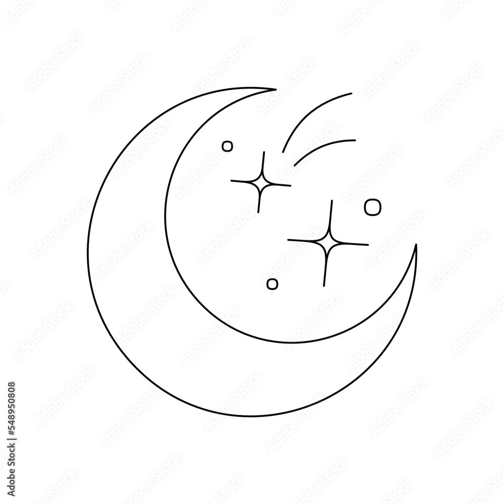 Vector isolated small simple crescent moon with stars symbol colorless ...