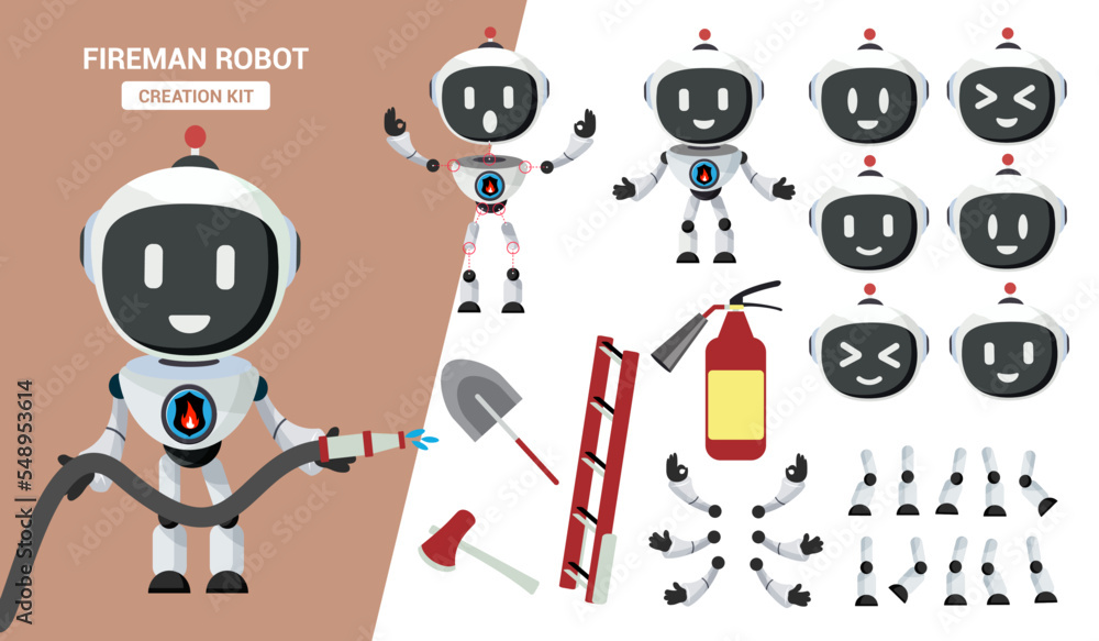 Fireman robot creation kit vector design. Robots fire fighter editable ...