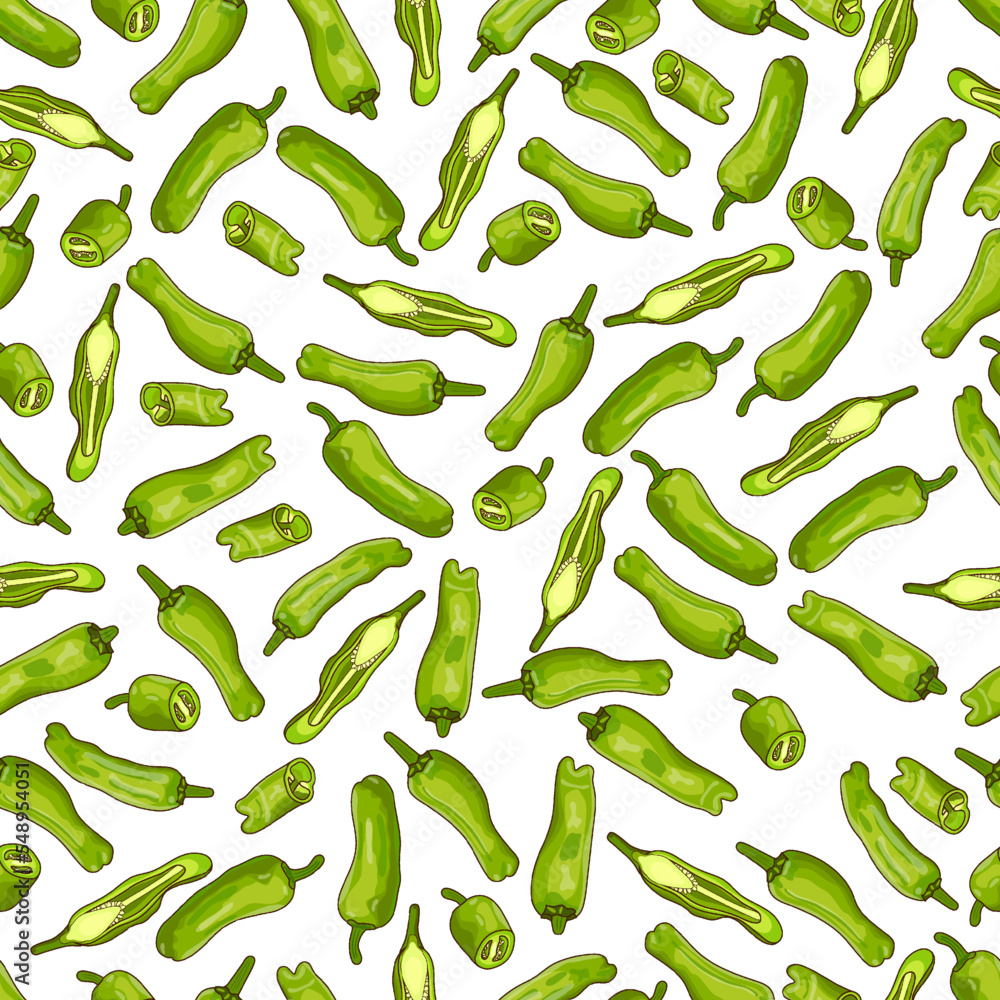 Seamless pattern with whole, half, wedges, and slices of Shishito green ...