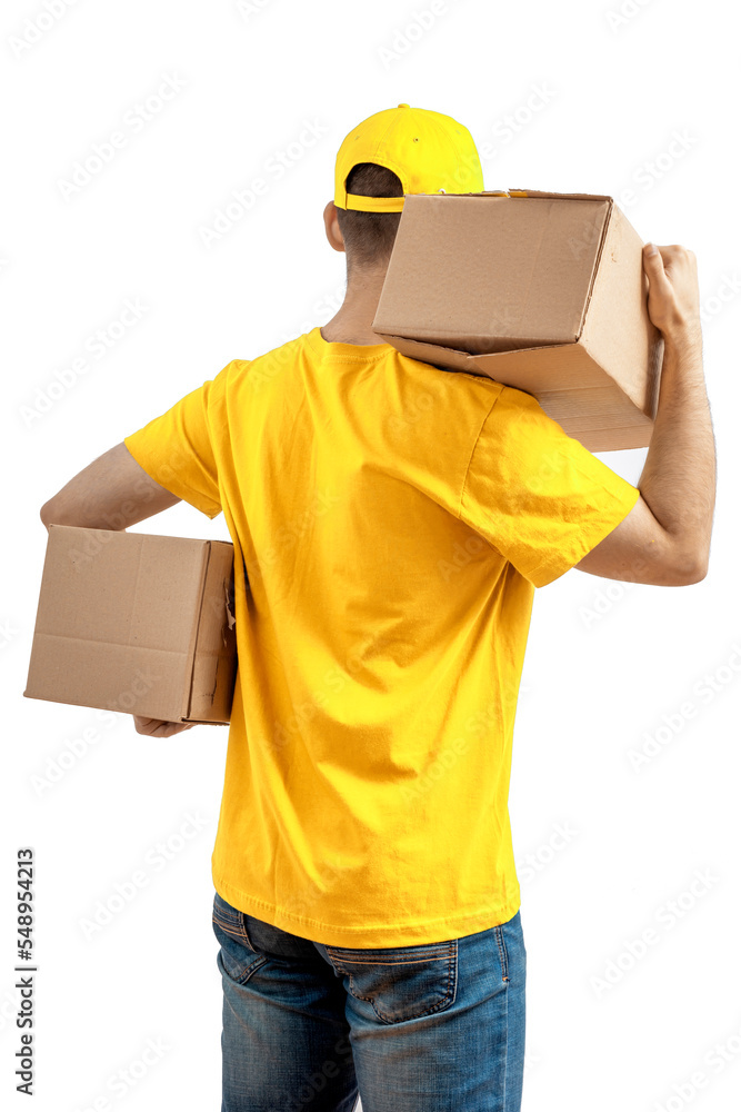 Delivery man with a box. Courier in uniform cap and t-shirt service ...