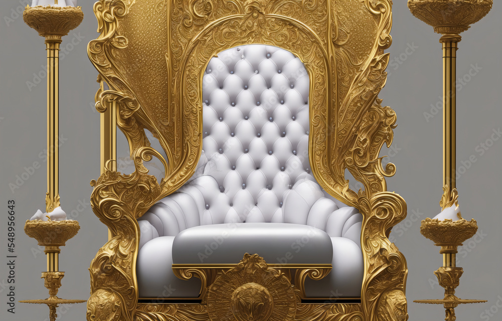 gold throne with a white seat and two golden candles on a gray ...