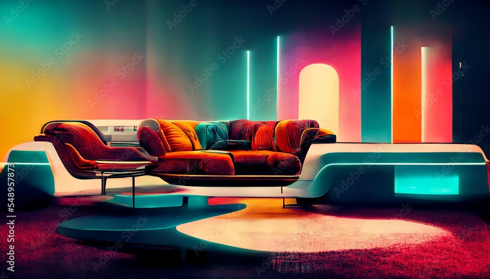 Cyberpunk and synthwave living room interior with neon lights ...