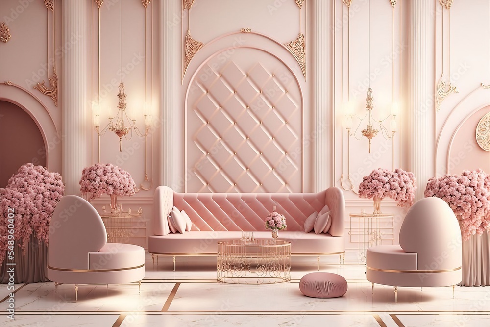 Luxurious wedding hall session with light pink color and copper ...