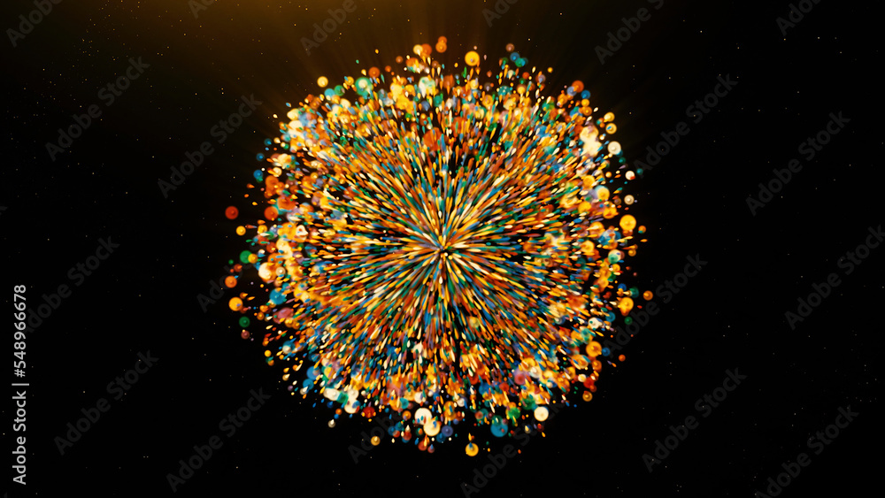 Colorful particles disappear in center of space. Motion. Temporary ...