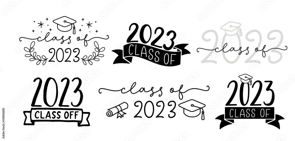CLASS OF 2023 set of graduation logo with cap and diploma for high ...