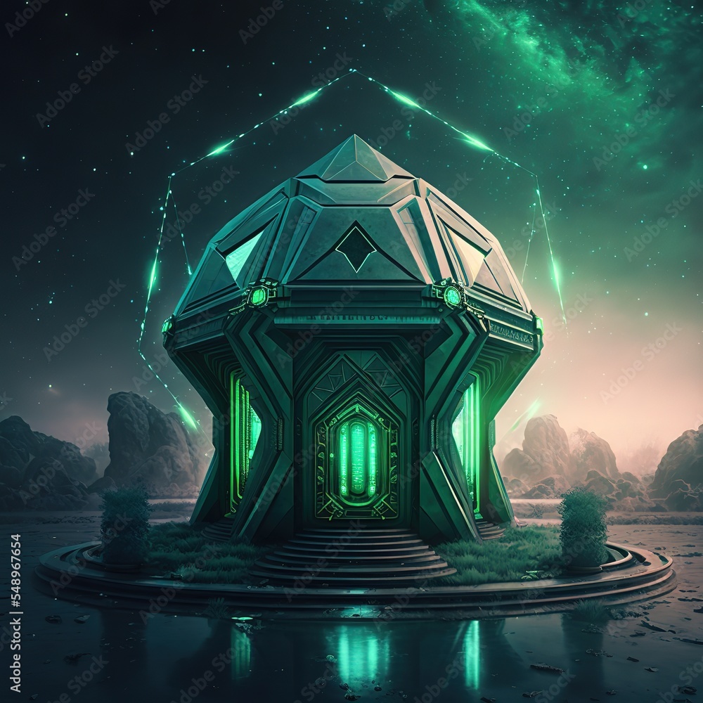 pentagonal indigenous temple kiosk with green neon beams in outer space ...