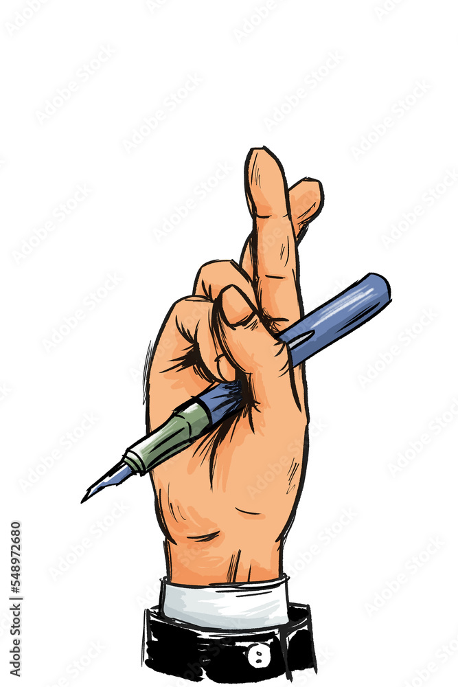 Hand von Geschäftsmann mit gekreuzten Fingern und Stift Stock ...