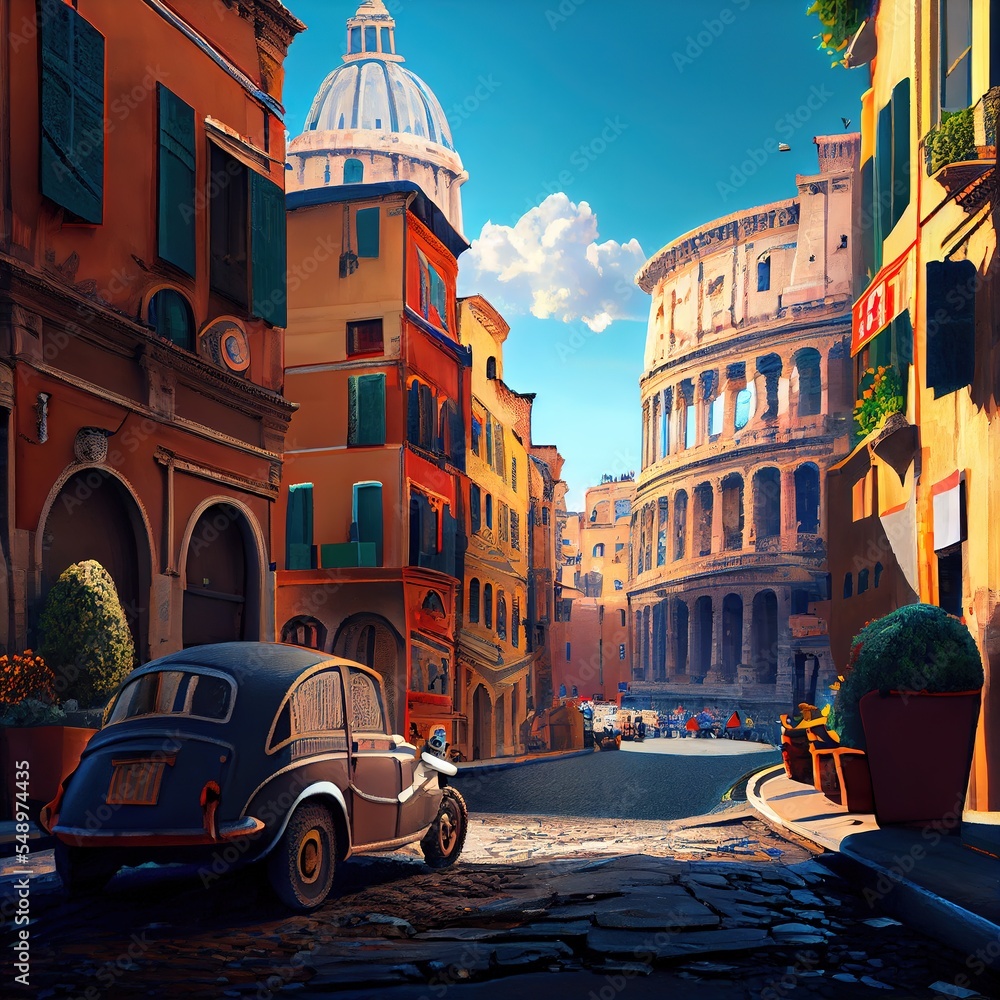Beautiful streets of Italy. Ai generated illustration in cartoon style ...