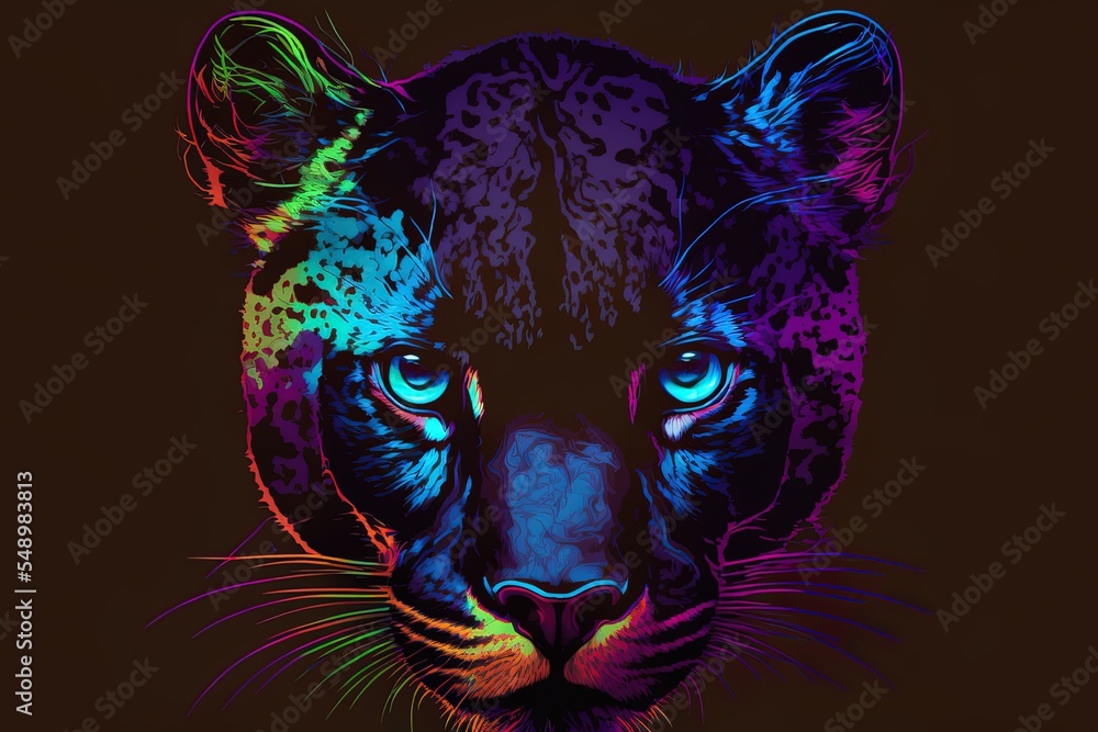 Panther. is depicted in neon colors against a black background in a pop ...