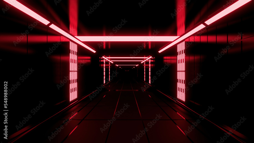 Red and gray dark corridor with lighting. Design.A spacious room in an ...