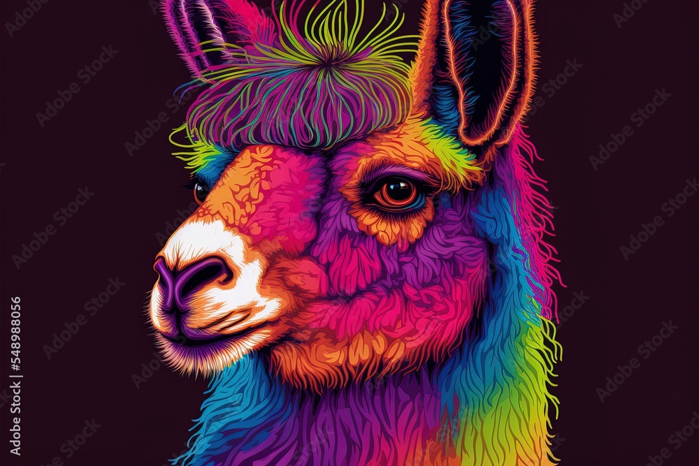 Lama Alpaca is shown in neon colors over a black backdrop in a pop art ...